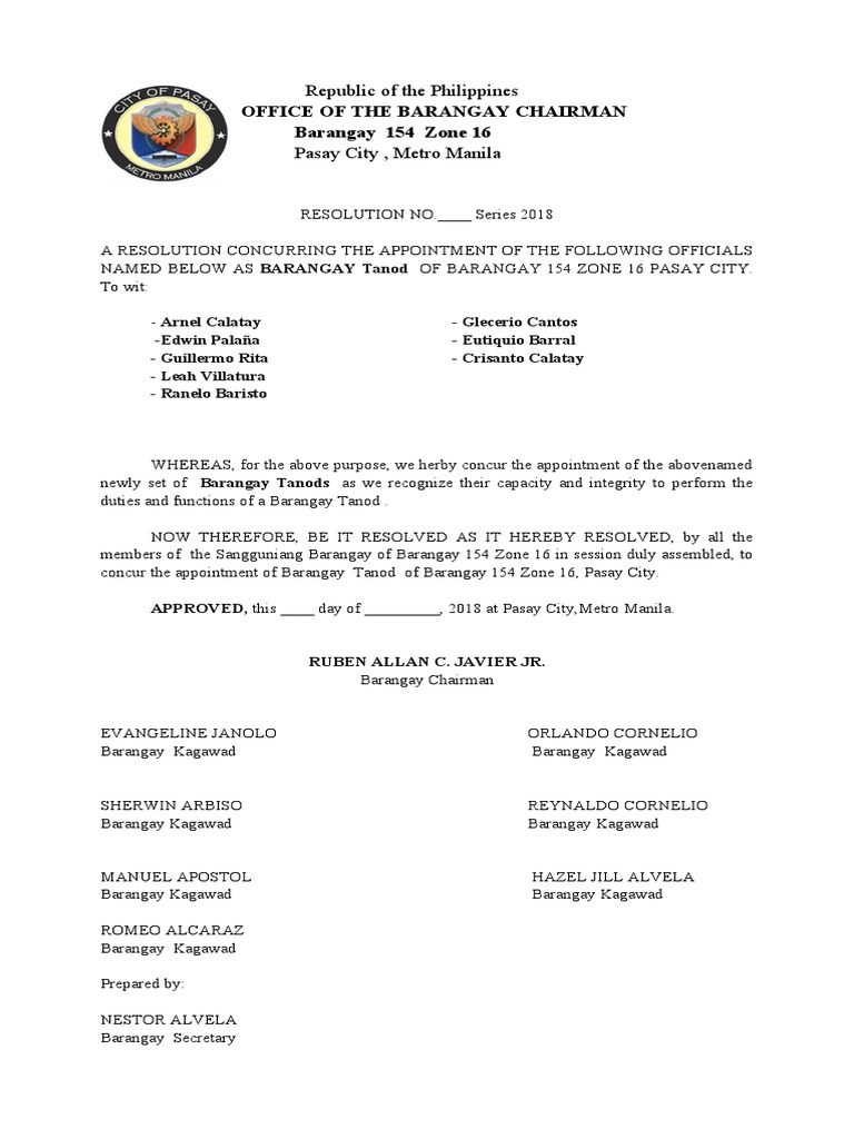 Resolution Appointing Barangay Tanods | PDF | Philippines | Government ...