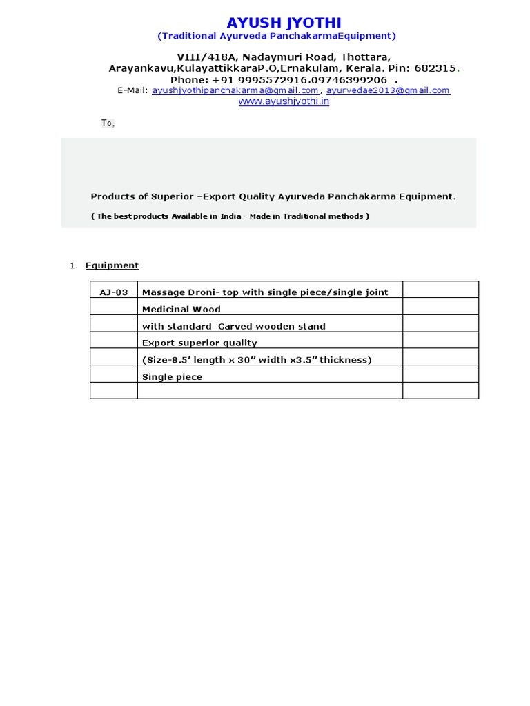 Catalog of Traditional Ayurvedic Panchakarma Equipment from AYUSH ...