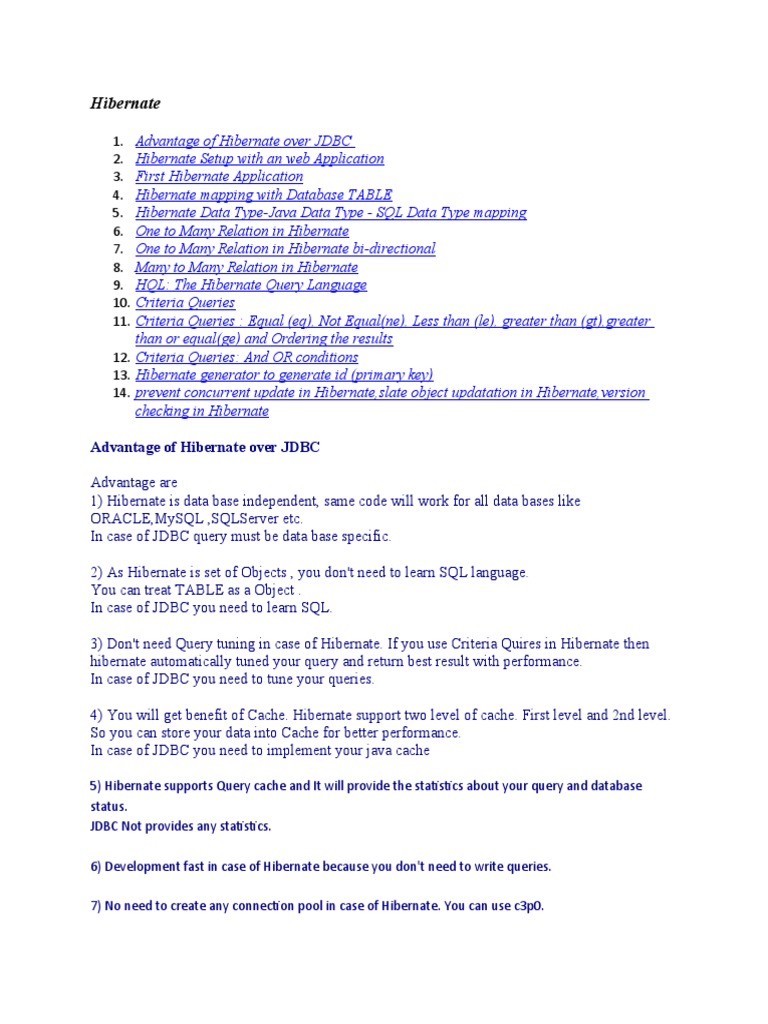 Hibernate: Advantage of Hibernate Over JDBC | PDF | Databases | Computing Hibernate: Advantage of Hibernate Over JDBC | PDF | Databases | Computing