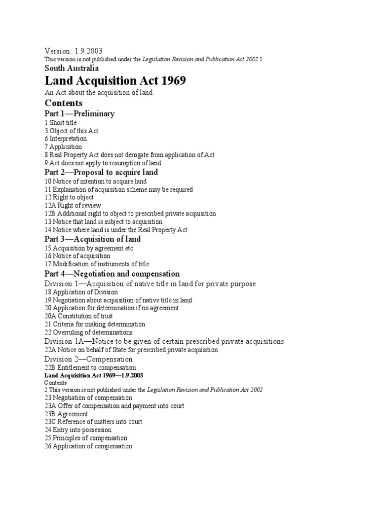 Land Acquisition Act 1969: South Australia | PDF | Eminent Domain | Mergers And Acquisitions