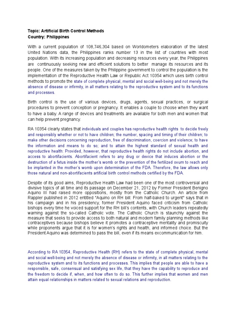 Position Paper - ARTIFICIAL BIRTH CONTROL METHODS | PDF | Reproductive ...