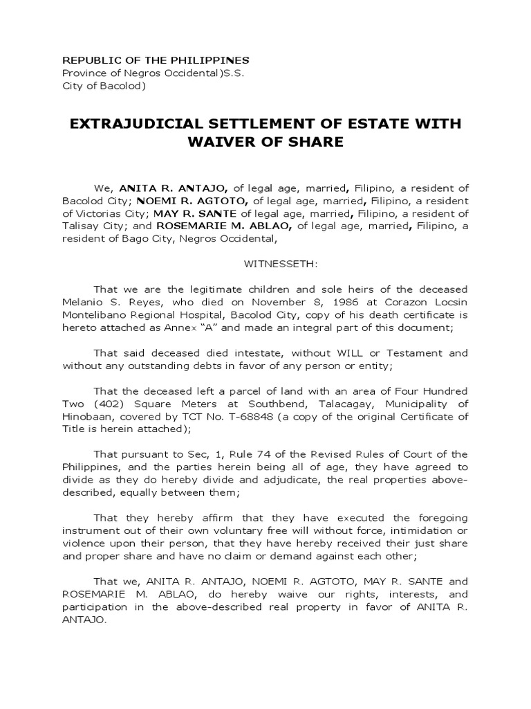 ExtraJudicial Settlement | PDF | Private Law | Common Law