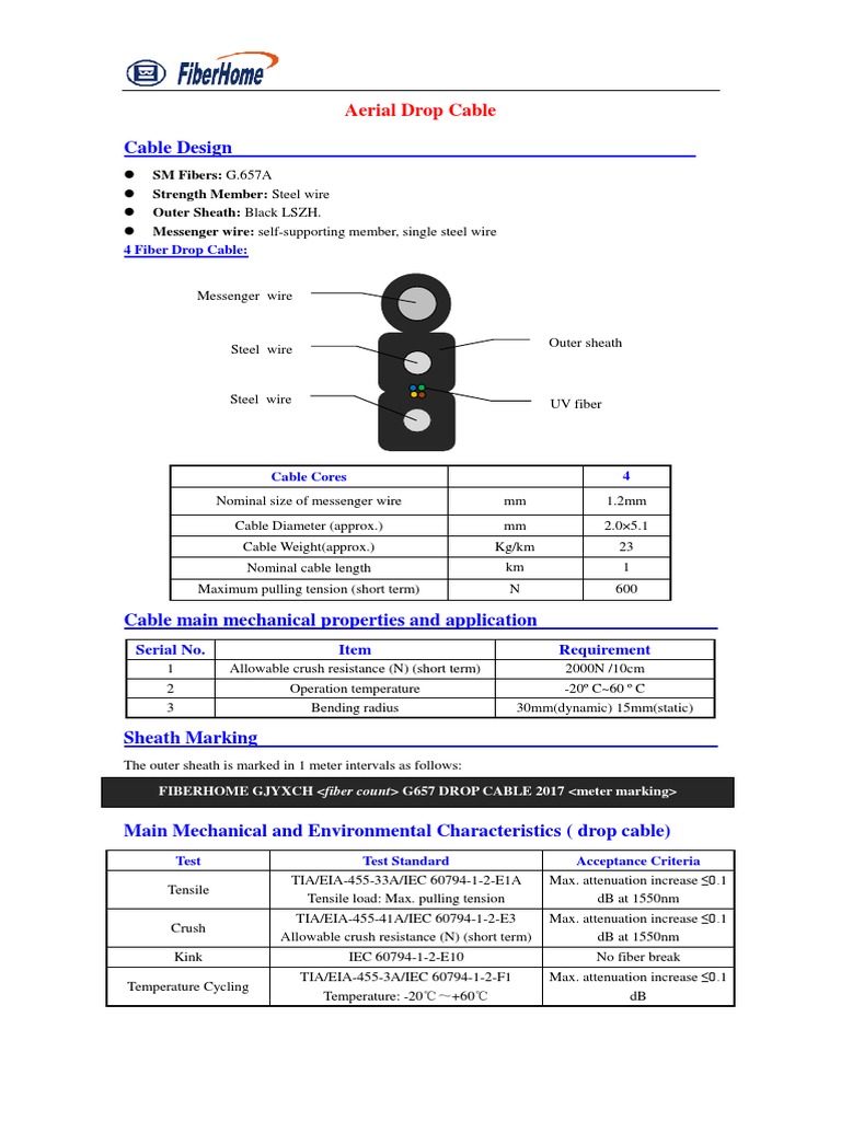 Drop Wire (DW) Cable - 4 Core - Specifications PDF | PDF | Optical ...