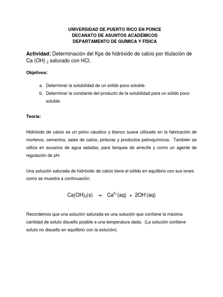 Determinación del Kps de hidróxido de calcio | PDF | Concentración | Equilibrio químico