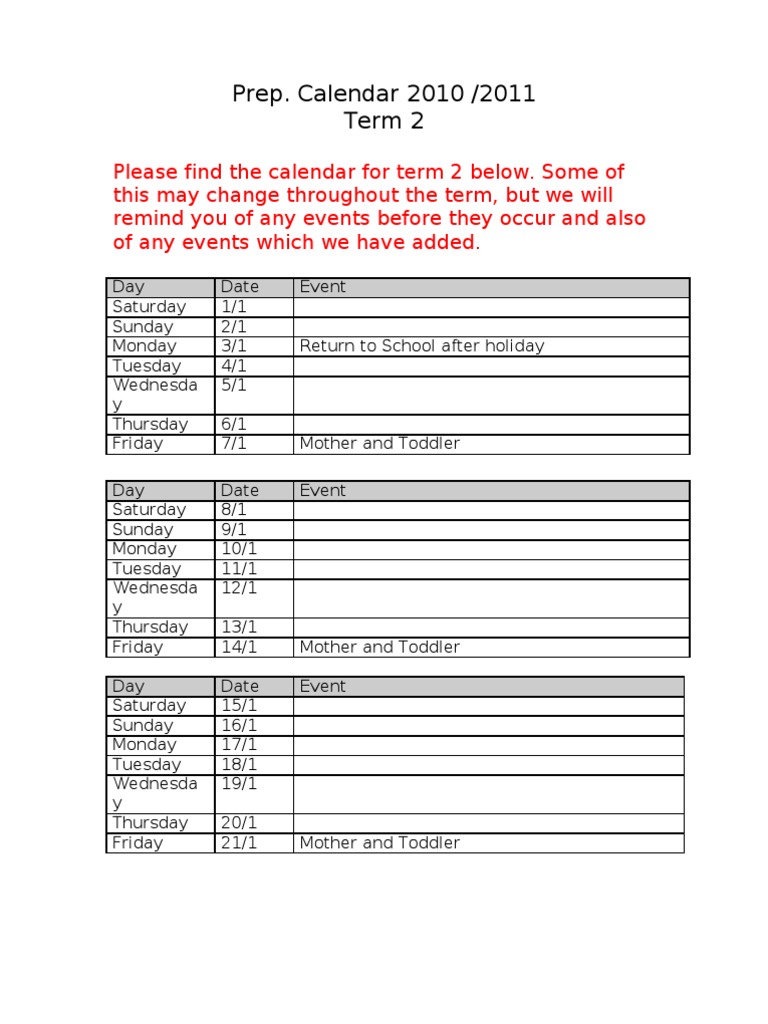 Term 2 Prep Calendar 2010/2011 | PDF | Observances | Holidays