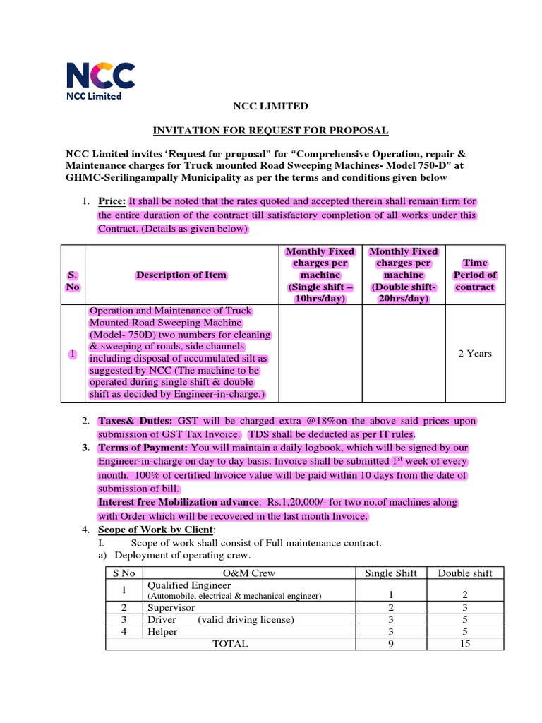RFP - Sweeping Machines O&M PDF | PDF | Value Added Tax | Request For ...
