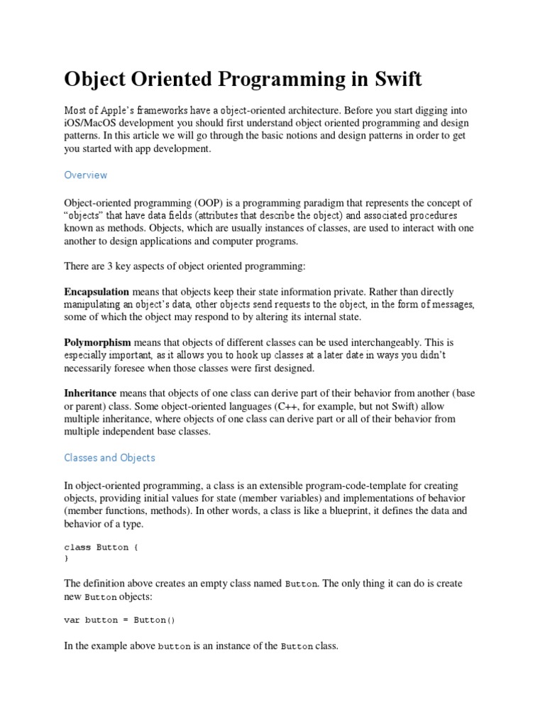 Object Oriented Programming in Swift | PDF | Object Oriented Programming | Class (Computer ...