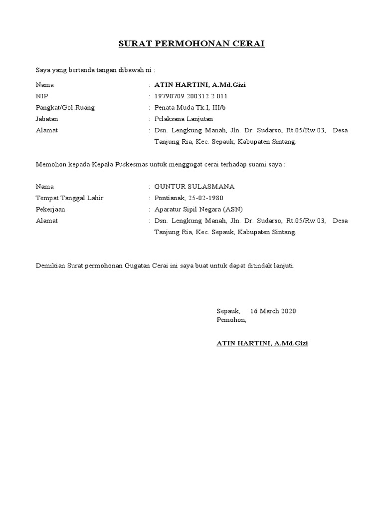 Surat Permohonan Cerai Atin Hartini | PDF