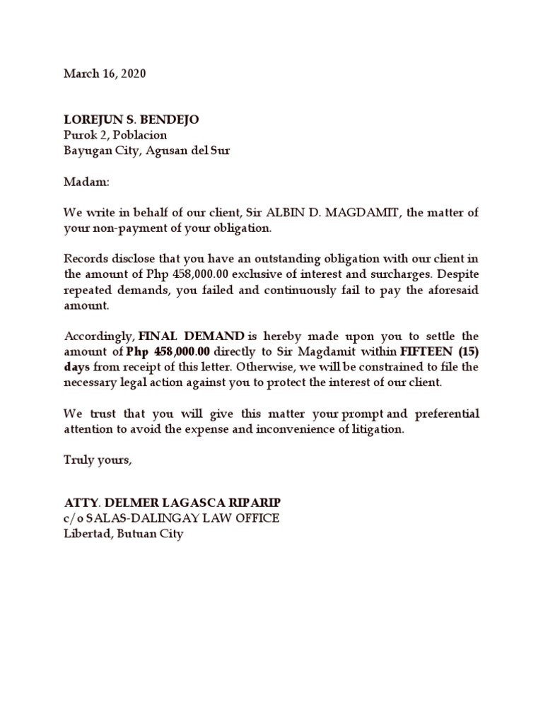 Demand Letter To Pay Debt Bendejo | PDF