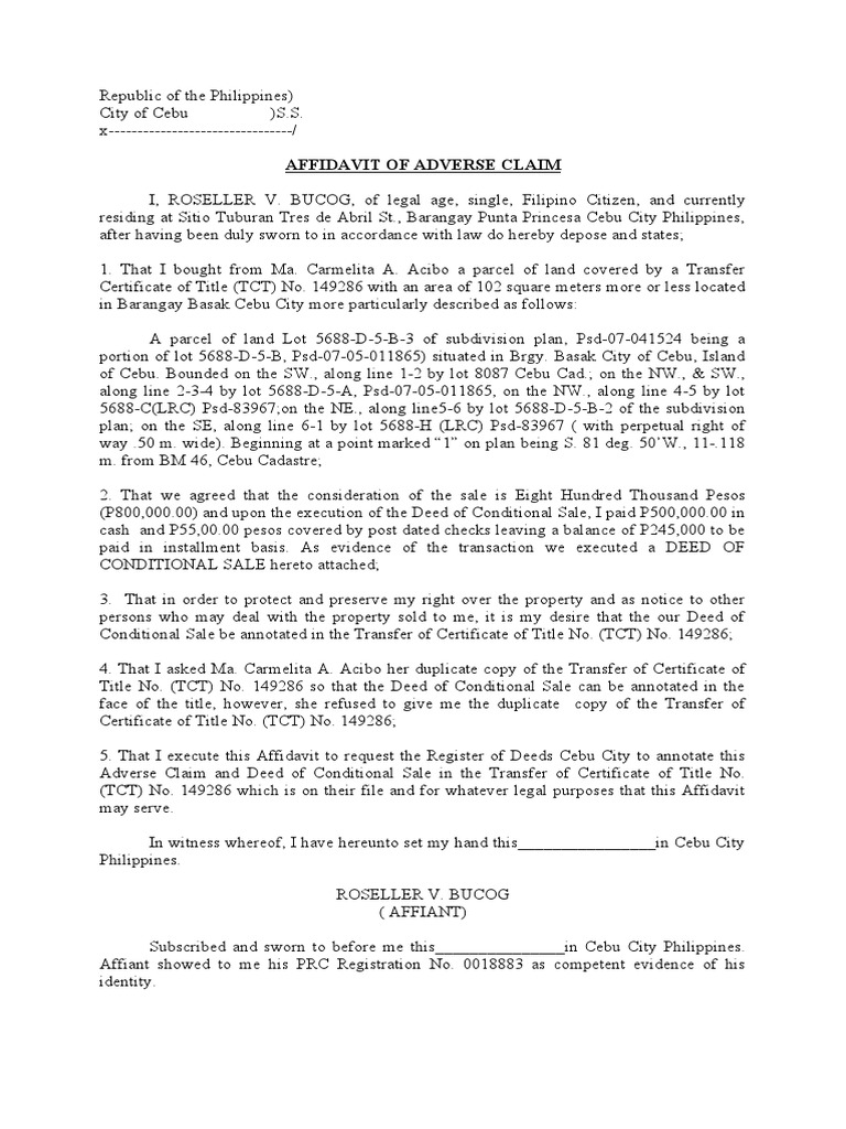 Affidavit of Adverse Claim - Bucog | PDF | Affidavit | Deed