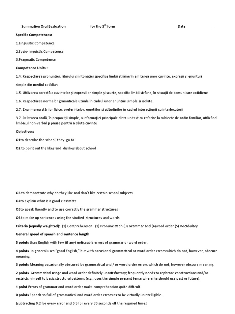 Oral Evaluation for 5th Grade English | PDF | Grammar | Camel