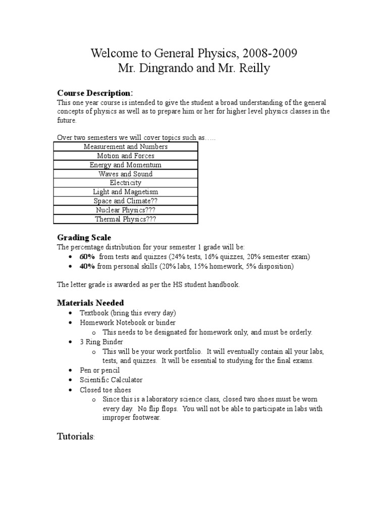 General Physics Course Overview 2008-2009 | PDF