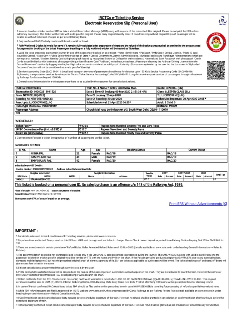 IRCTC Ticket 20th April 2020 PDF | PDF | Identity Document | Ticket ...