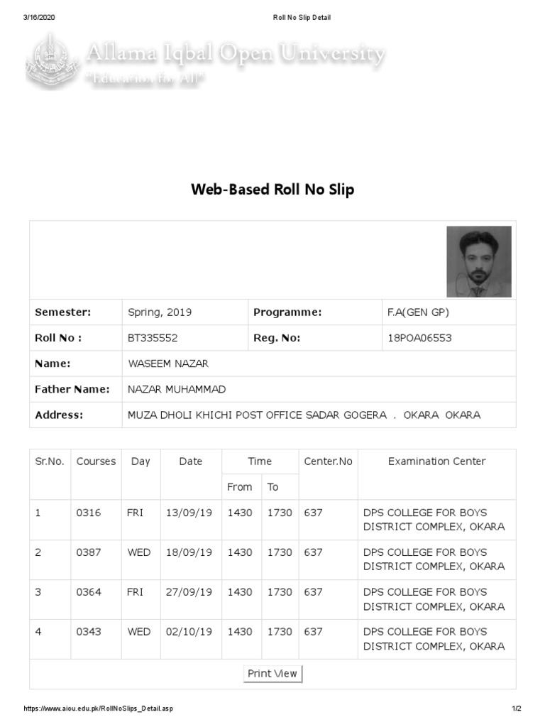 Roll No Slip Detail1 PDF | PDF