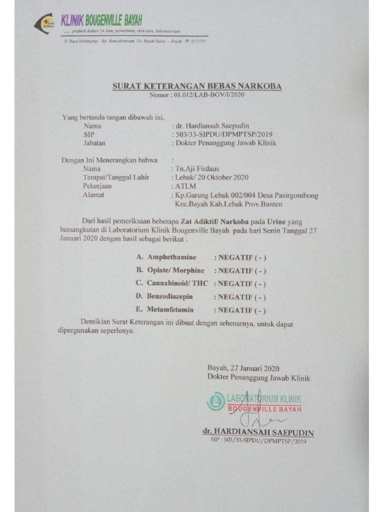 Surat Keterangan Bebas Narkoba | PDF