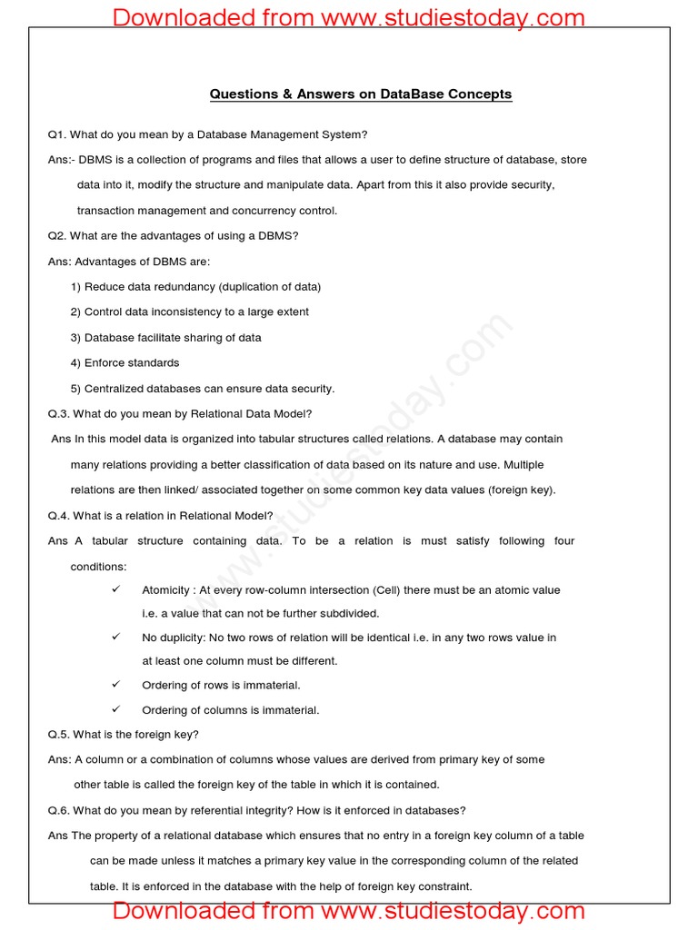 Cbse Class Xi Informatics Practices Database Questions Pdf Relational Model Databases 3542