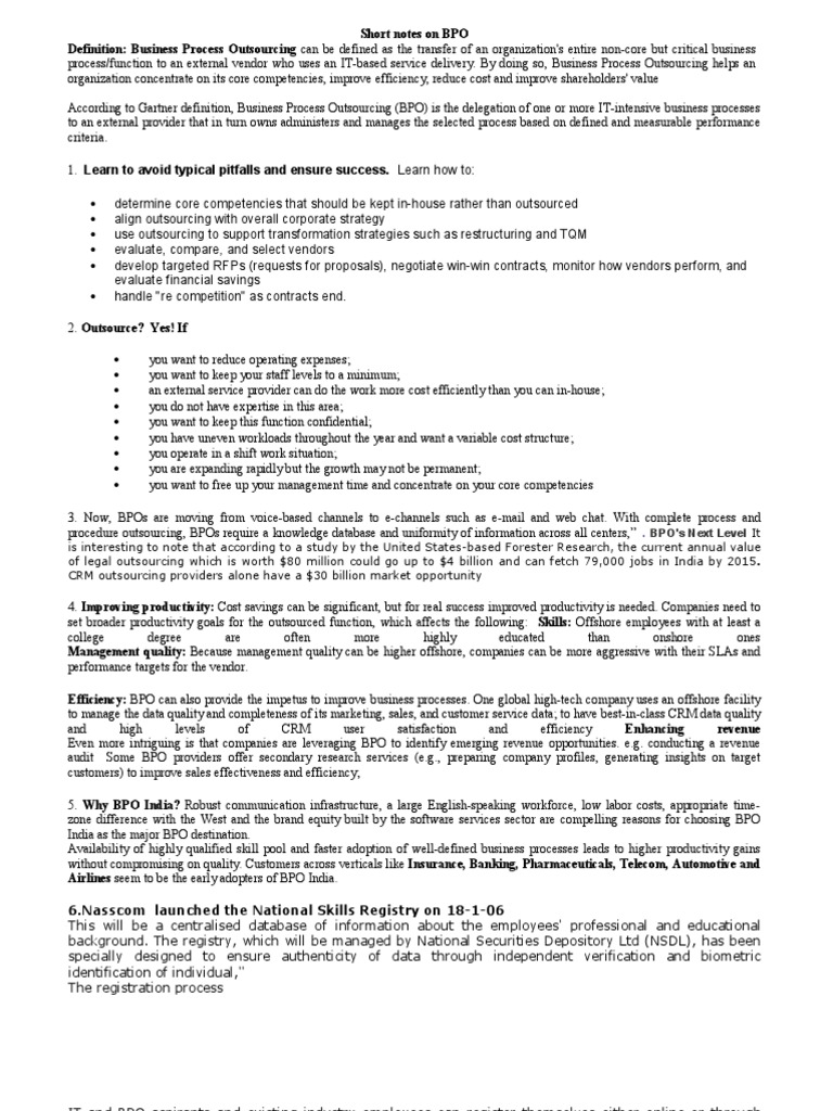 Short Notes Bpo | PDF | Outsourcing | Customer Relationship Management