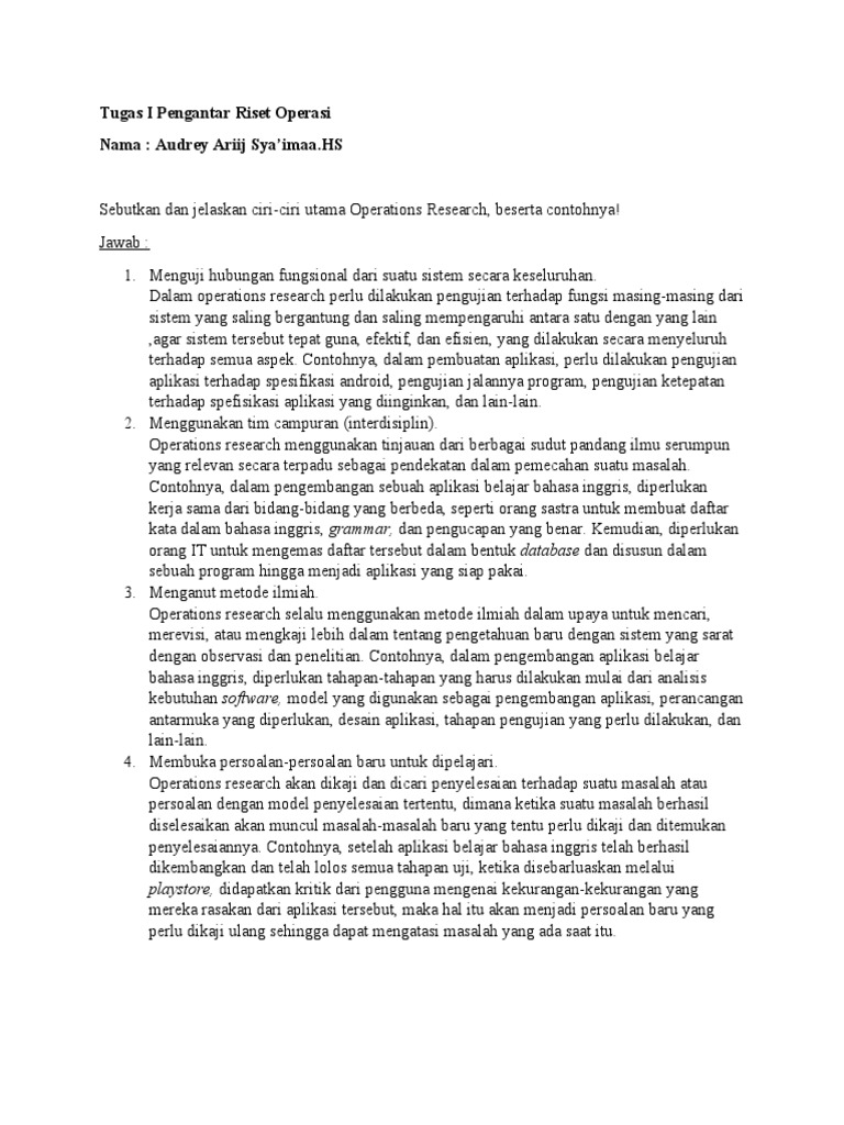 Pengantar Riset Operasi (Ciri Utama) | PDF