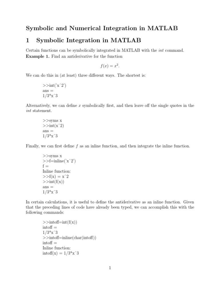 Matlab Int | PDF | Integral | Function (Mathematics)