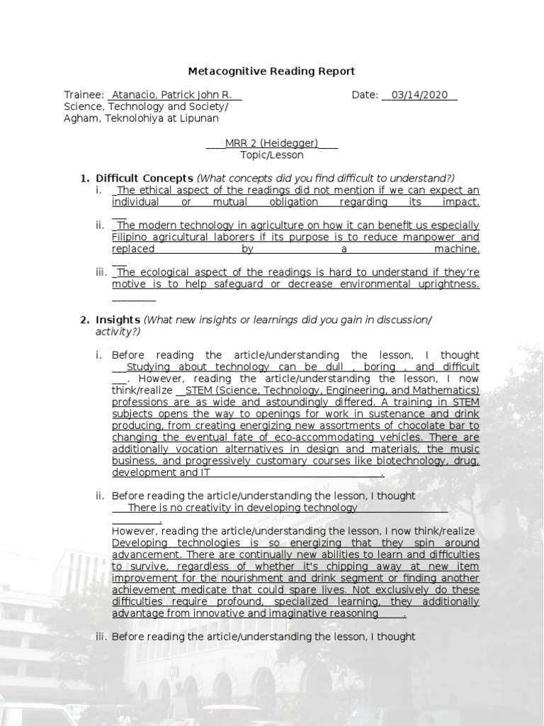 Metacognitive Reading Report STS ATANACIO | PDF | Science, Technology, Engineering, And ...