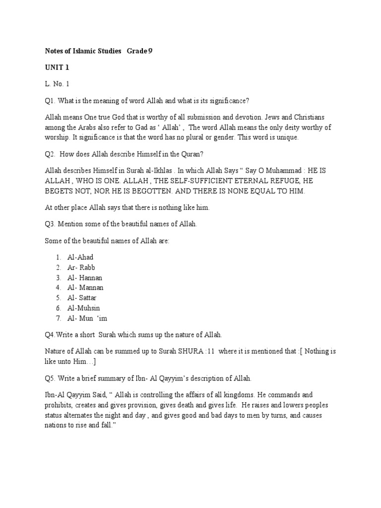 Notes of Islamic Studies Grade 9 L1.L2, L3, L4 & L5 UNIT 1 | PDF | God ...