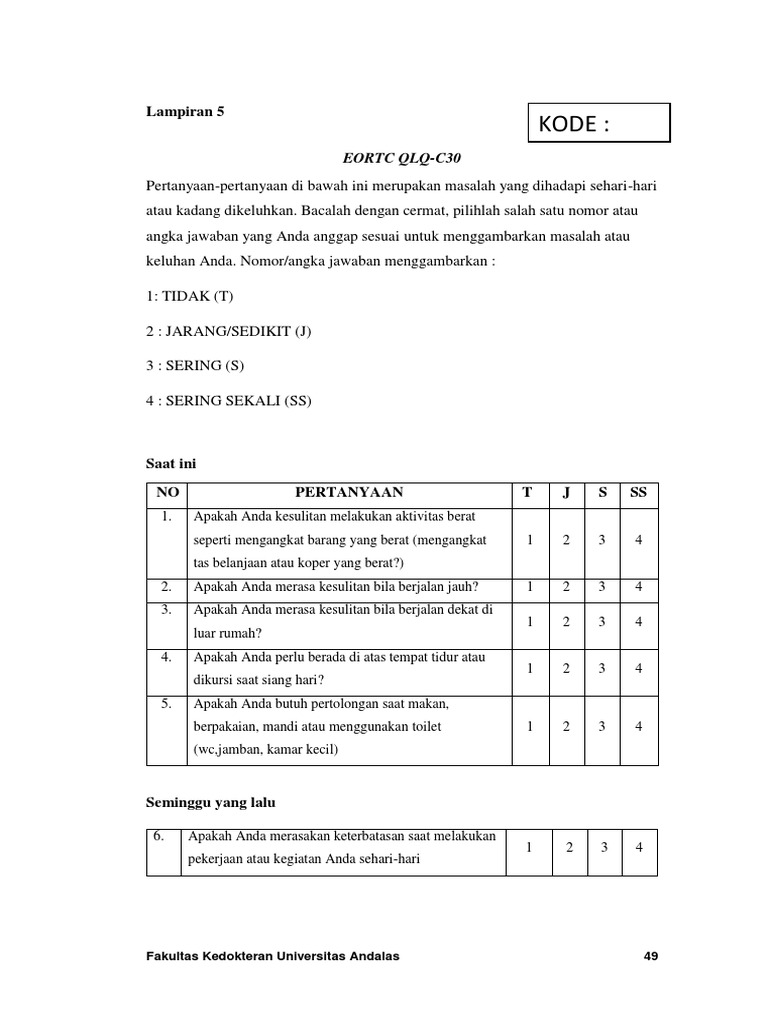 Kuesioner EORTC QLQ C 30 PDF | PDF