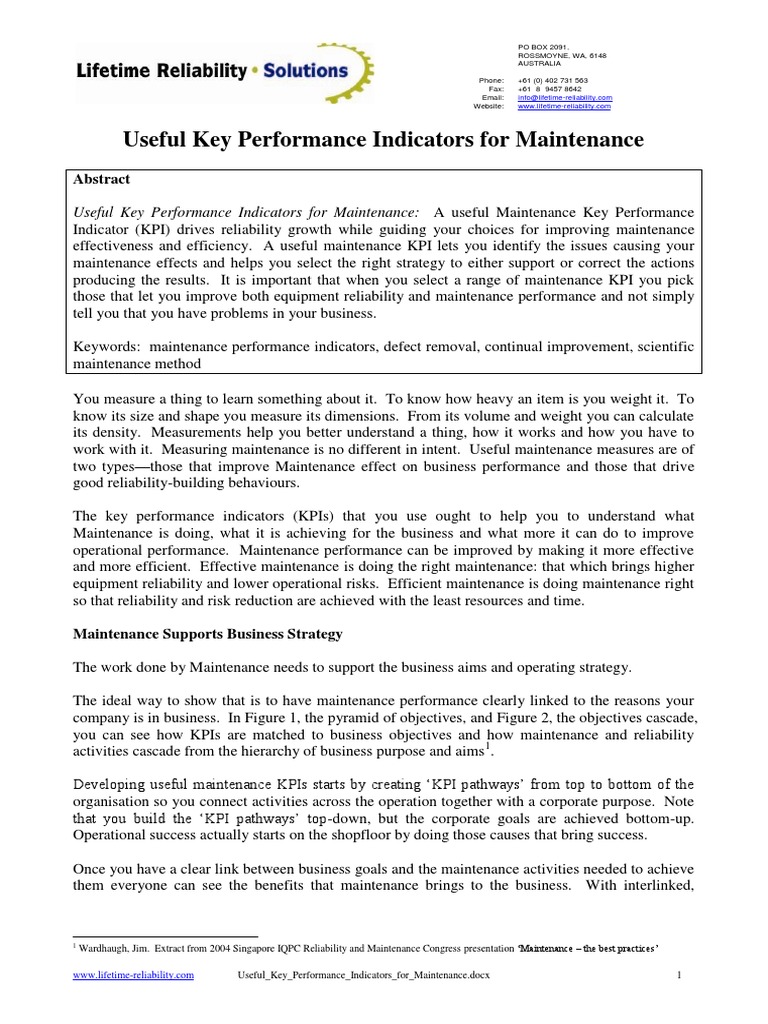 Useful Key Performance Indicators For Maintenance | PDF | Performance ...