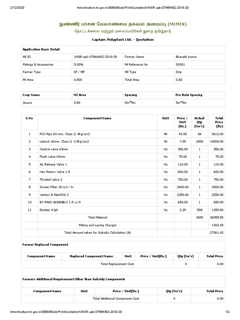 Drip Irrigation System Quotation for Guava Farm of Bharath Kumar | PDF ...
