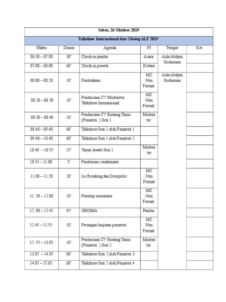 Jadwal Talkshow & Penutupan ALF 2019 | PDF