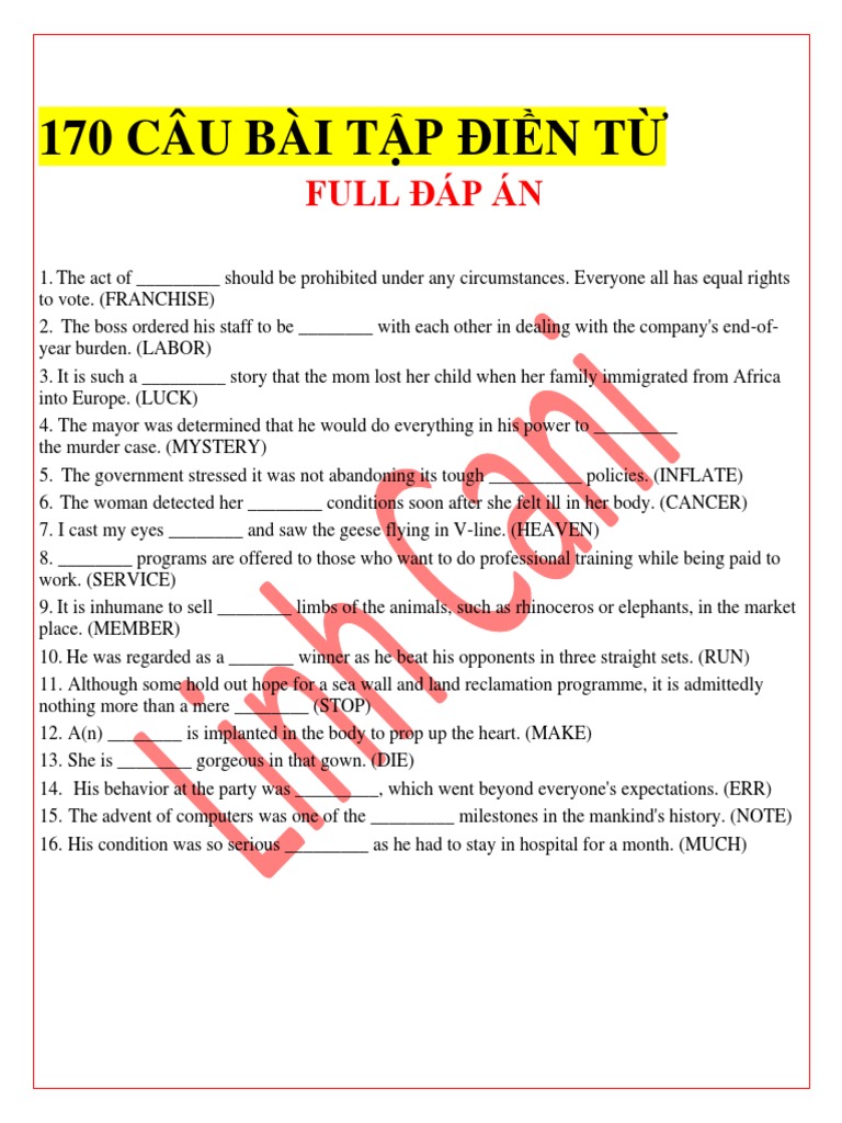 170 CÂU ĐIỀN TỪ CÓ ĐÁP ÁN THẦY LINH CANI | PDF | Chemistry | Nature