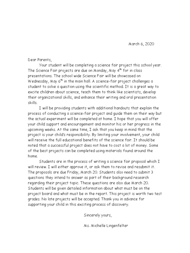 science fair letter for parents 2020