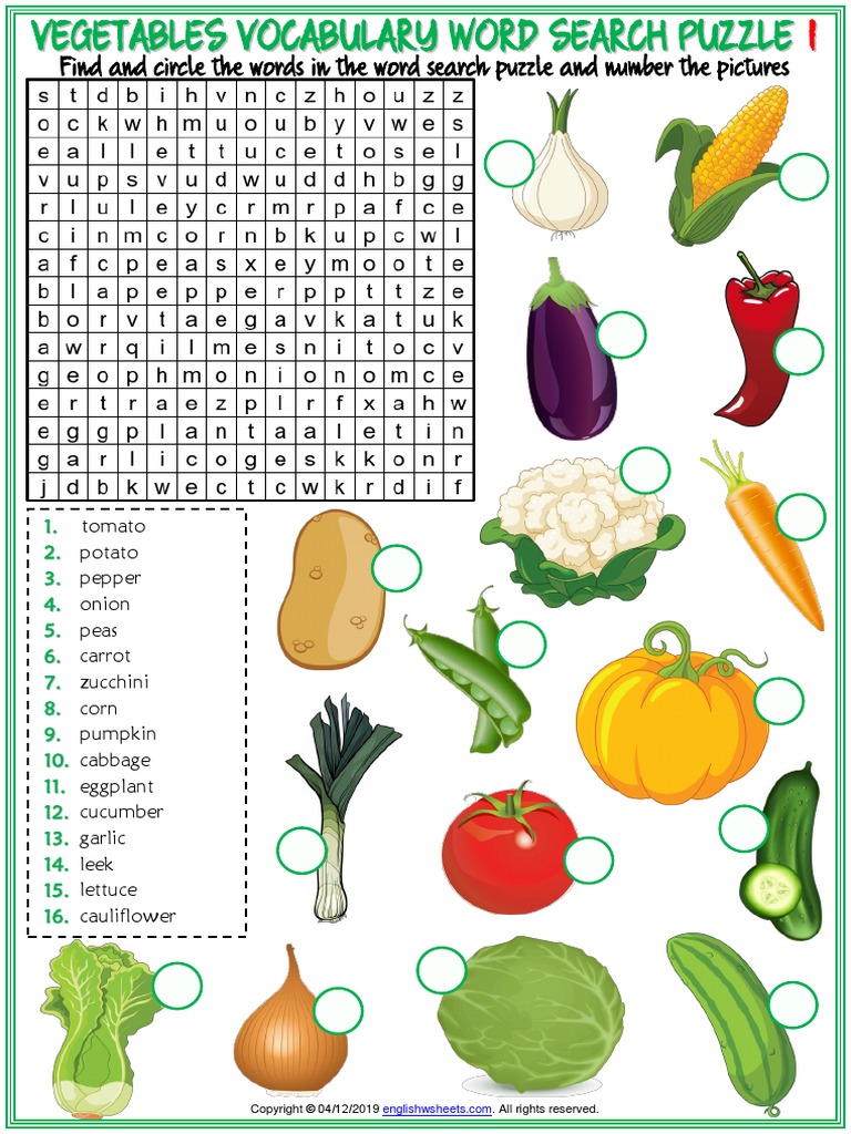 Vegetables Vocabulary Esl Word Search Puzzle Worksheets For Kids | PDF ...