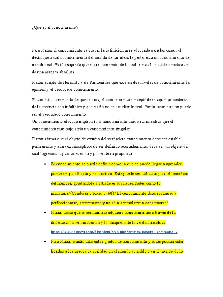 El conocimiento según Platón | PDF | Platón | Conocimiento