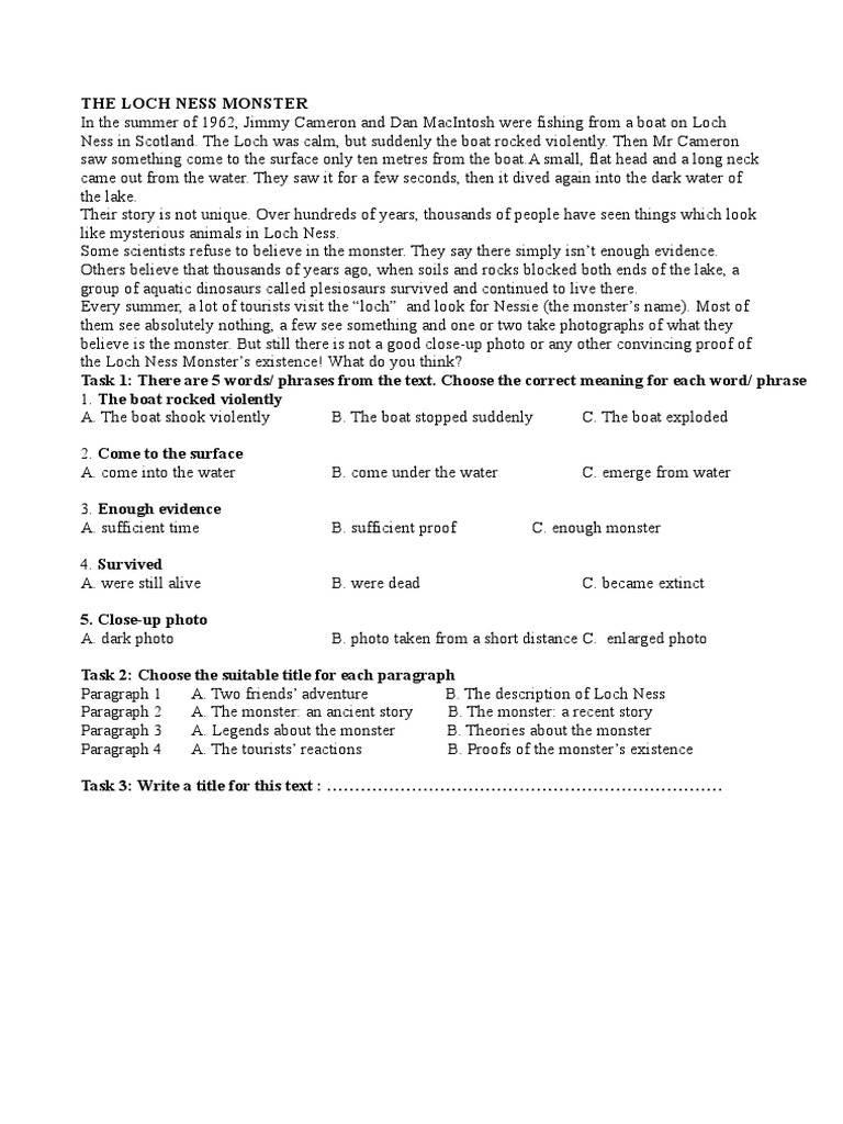 The Loch Ness Monster Reading Comprehension Exercises | PDF