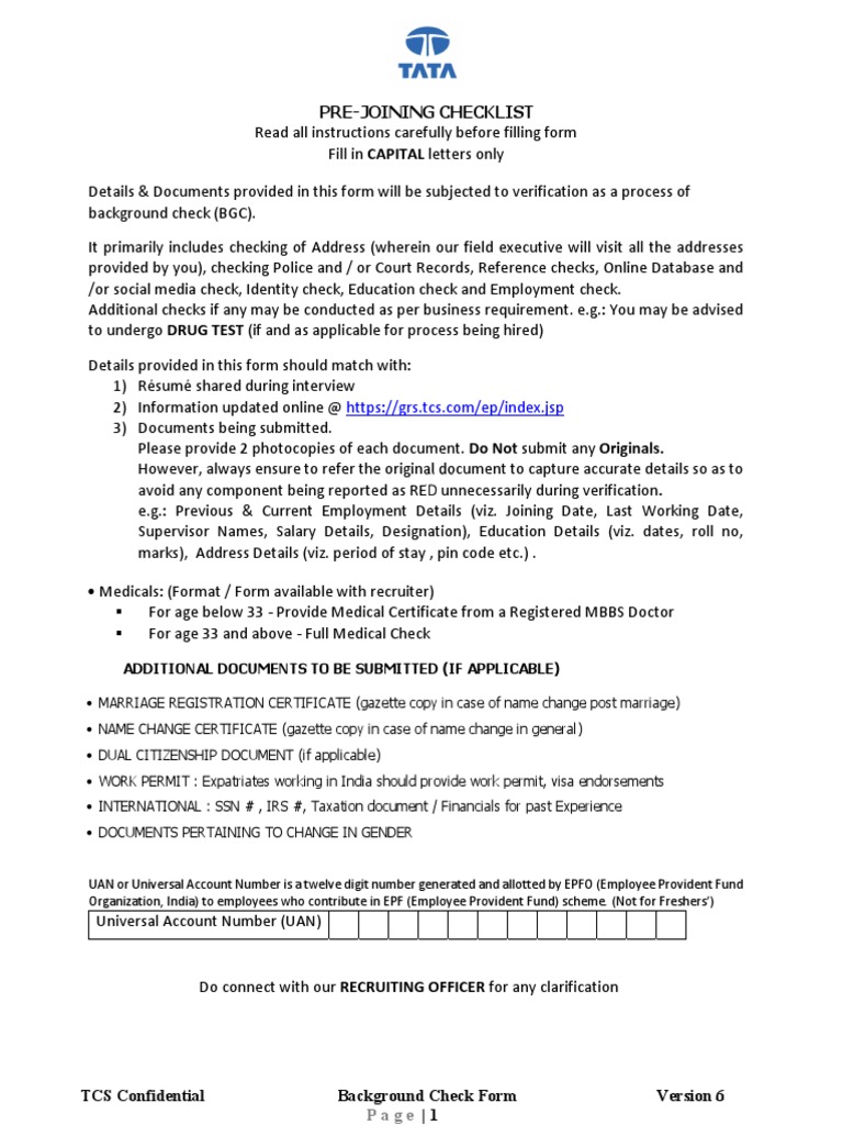 Pre-Joining Doc Checklist & BGC Form V-6 | PDF | Background Check ...