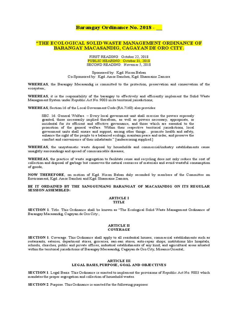 Ecological Solid Waste Management Ordinance | PDF | Municipal Solid ...