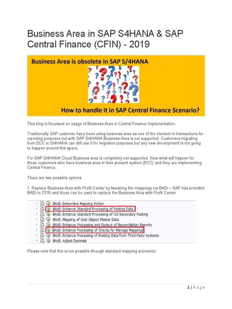 Business Area in SAP S4HANA & SAP Central Finance (CFIN) - 2019 | PDF