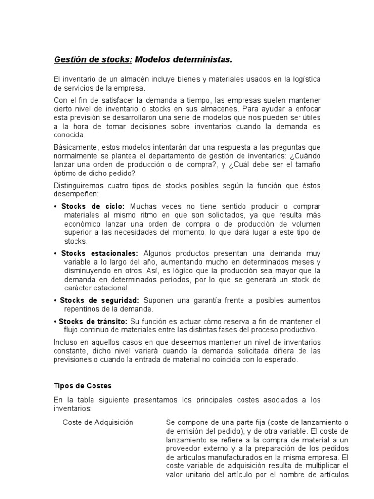 Modelos Deterministas en Gestión de Stocks | PDF | Inventario | Gestión ...
