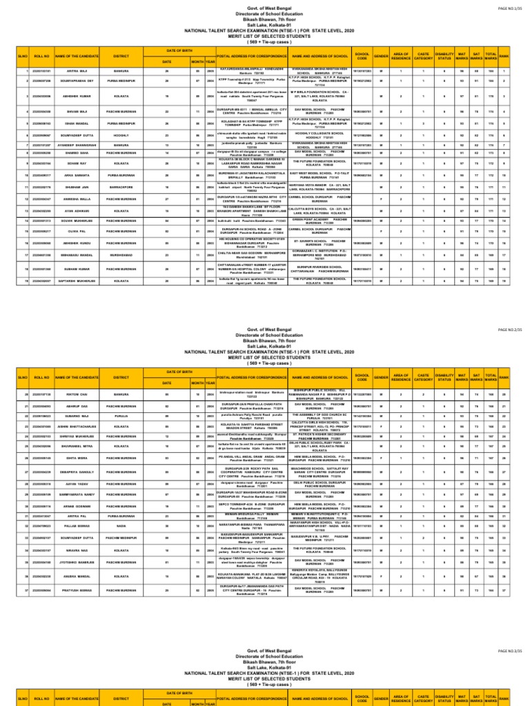 NTSE 2020 West Bengal Merit List | PDF | Kolkata | Bengal