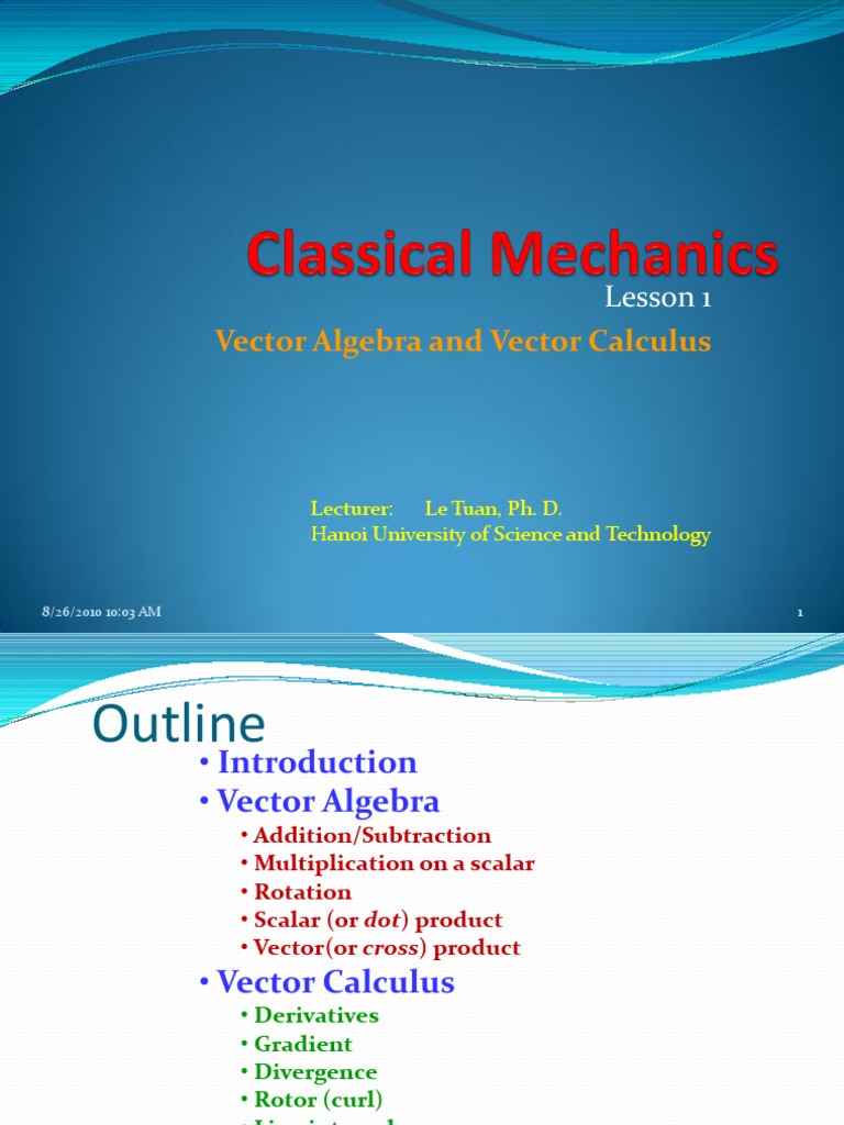 Classical Mechanics Lesson 1 - Vector Algebra and Vector Calculus PDF ...
