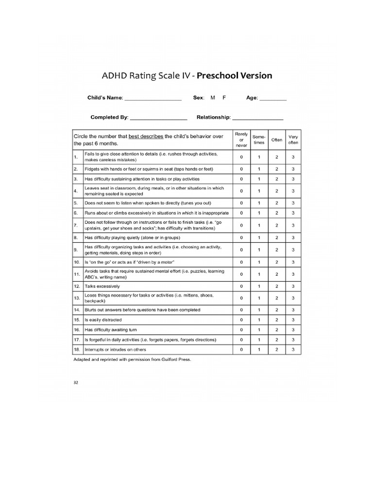Adhd Rating Scale Preschool Complete | PDF
