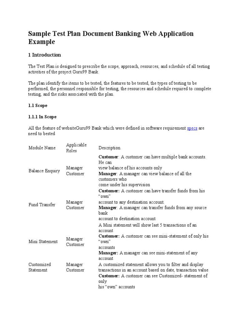 Sample Test Plan Document Banking Web Application Example | PDF ...