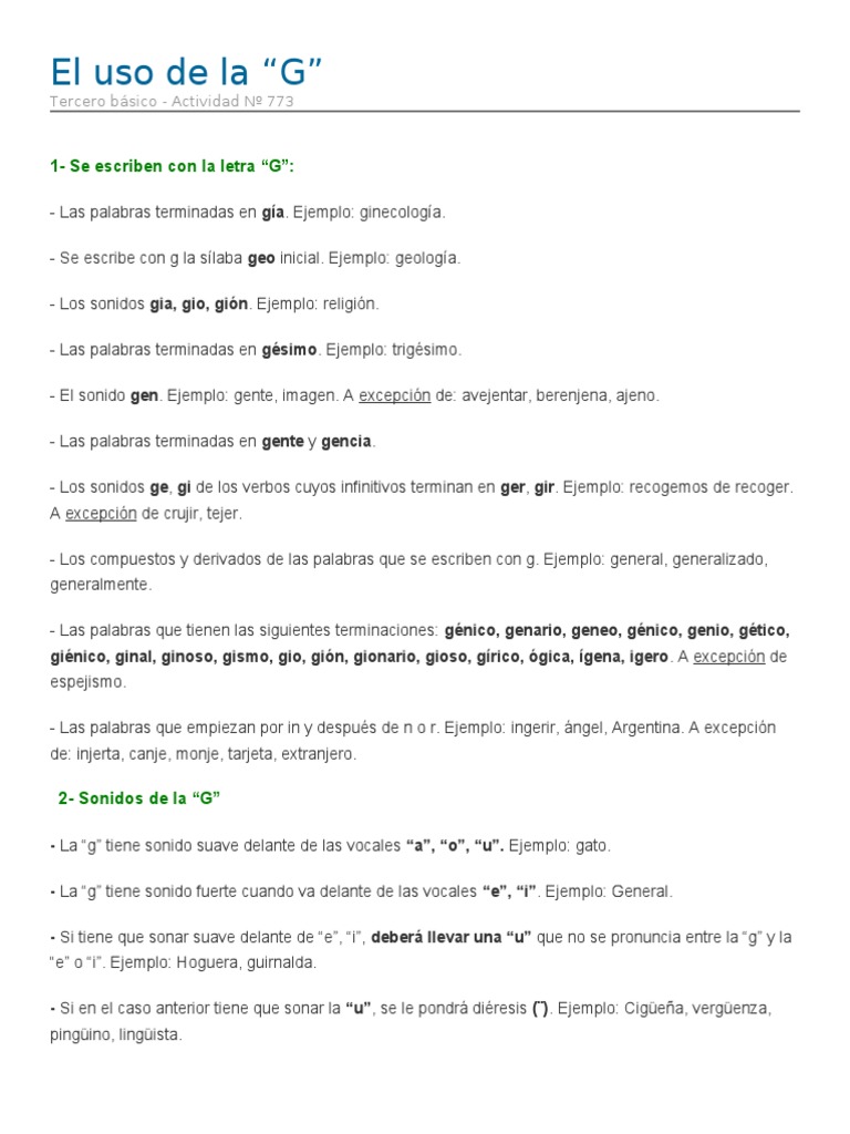 Uso de la letra G en español | PDF | Artes del Lenguaje y Comunicación