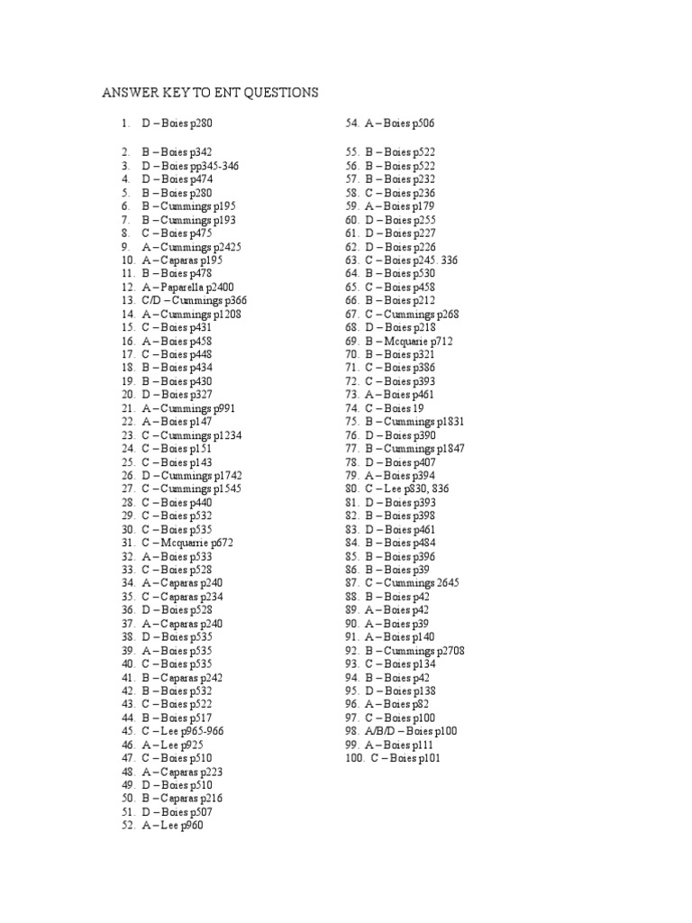 Answer Key To Ent Questions | PDF | Otorhinolaryngology | Surgery