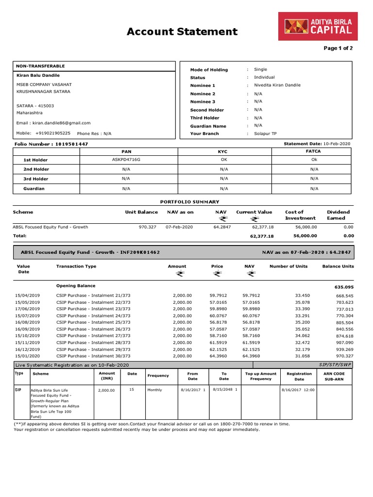 Aditya Birla Mutual Fund Statement 19-20 | PDF | Banking | Business