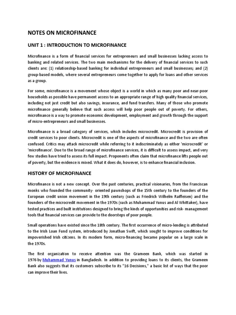 Notes On Microfinance | PDF | Microfinance | Microcredit
