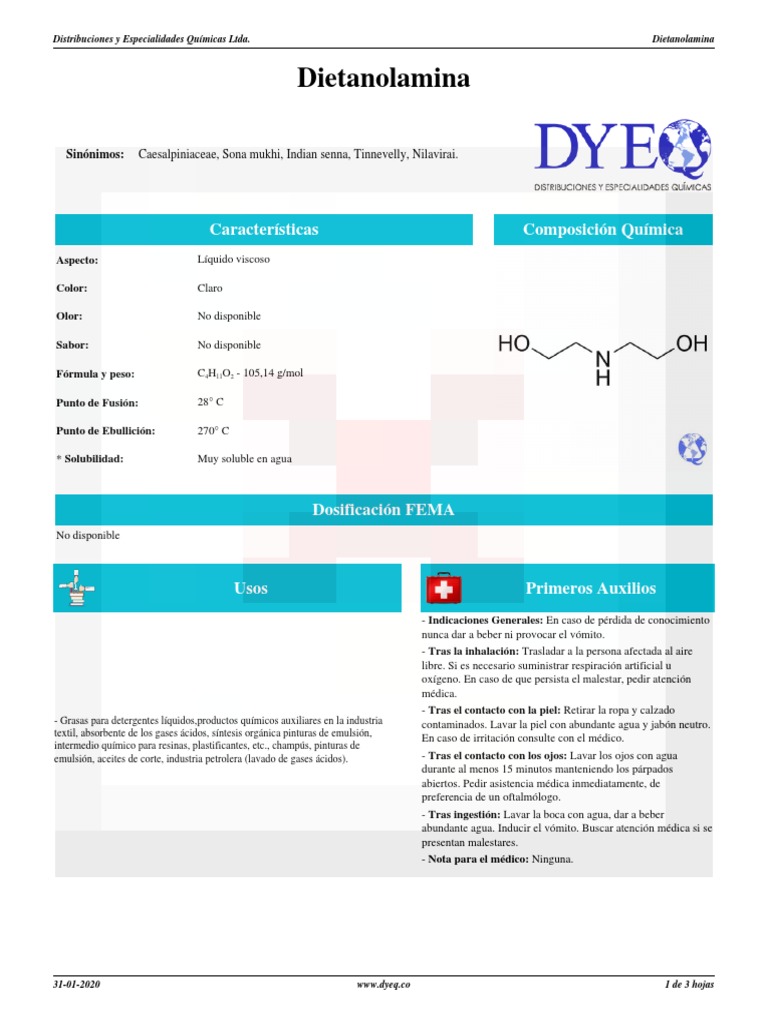 Ficha Técnica Dietanolamina | PDF | Dióxido de carbono | Combustión