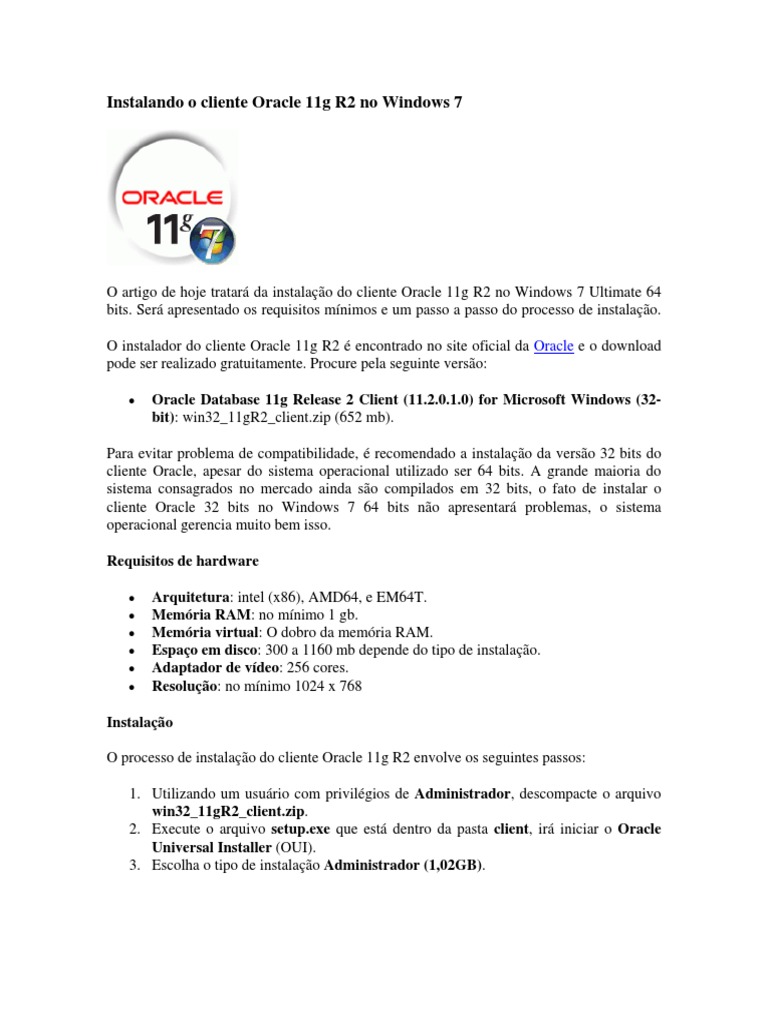 Instalando o Cliente Oracle 11g R2 No Windows 7 | PDF | Negócios ...