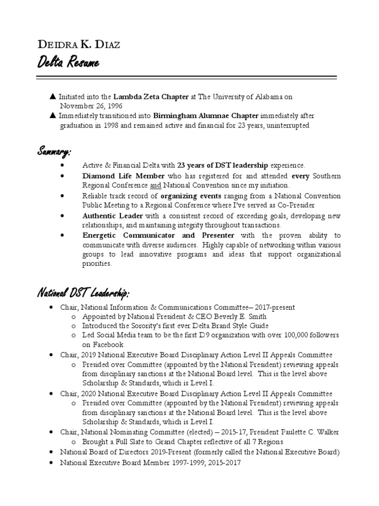 Delta Sigma Theta Leadership Resume | PDF | University Of Alabama