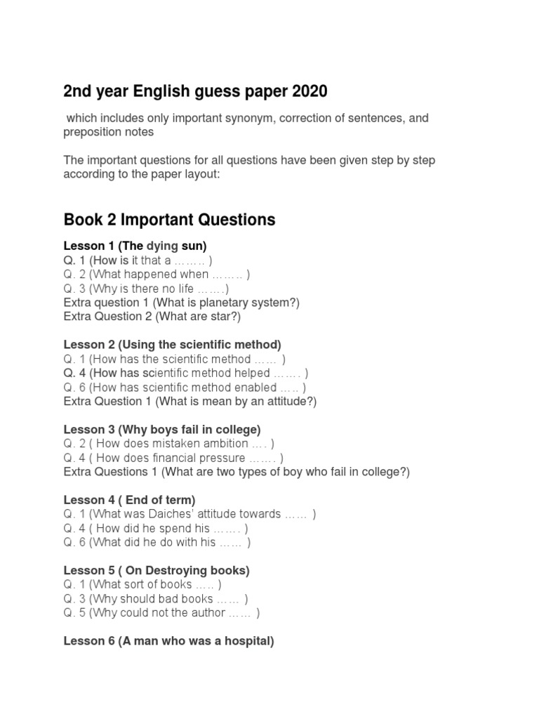 2nd Year English Guess Paper 2020 | PDF